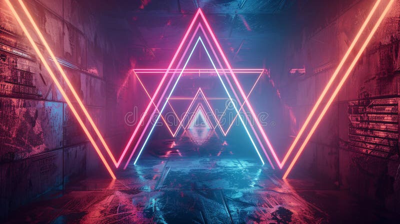 Modern Virtual Game Space with Abstract Neon Lines a Glowing Triangles ...
