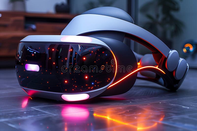 Modern Virtual Reality Headset with Illuminated Lights on a Tabletop ...