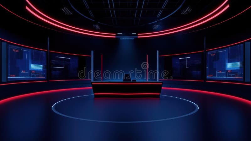 Modern Virtual Studio Backdrop. Empty News Studio with Glowing Red ...