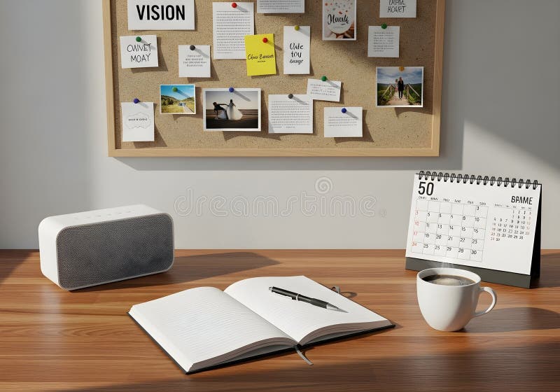 Modern Vision Board Setup with Office Desk Items Including Notebook ...
