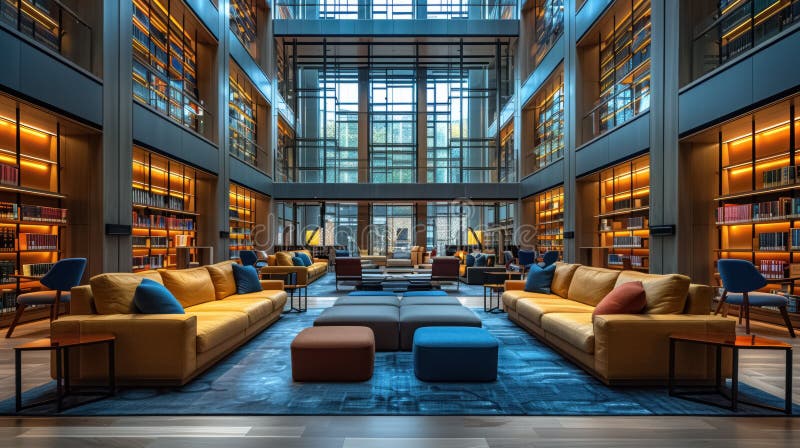 Modern and Visually Striking Library Environment Stock Illustration - Illustration of brown ...