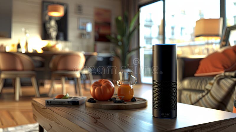 A Modern Voice Assistant Device is Elegantly Placed on a Wooden Coffee ...
