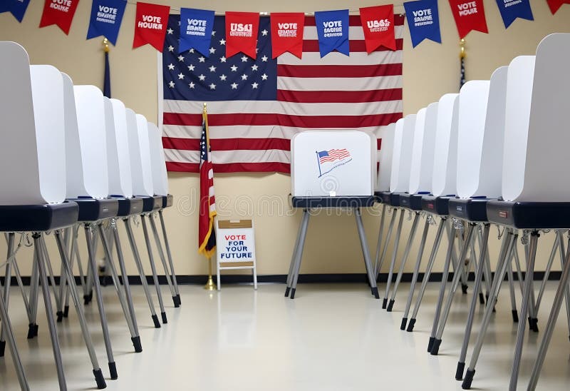 A Modern Voting Booth with a Red, White, and Blue Backdrop and an ...