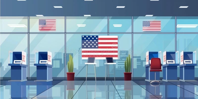Modern Voting Station Interior with American Flags, Electronic Voting ...