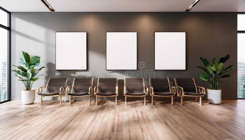Modern Waiting Area with Blank Posters and Chairs in an Office. 3D ...