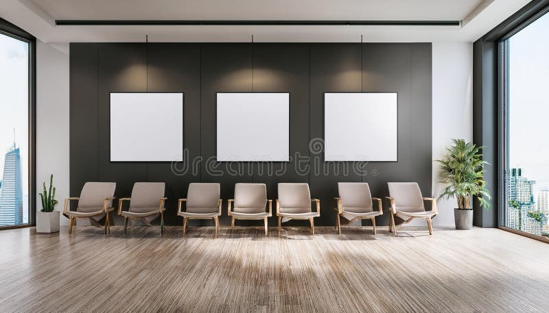 Modern Waiting Area with Blank Posters and Chairs in an Office. 3D ...