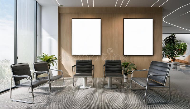 Modern Waiting Area with Blank Posters and Chairs in an Office. 3D ...