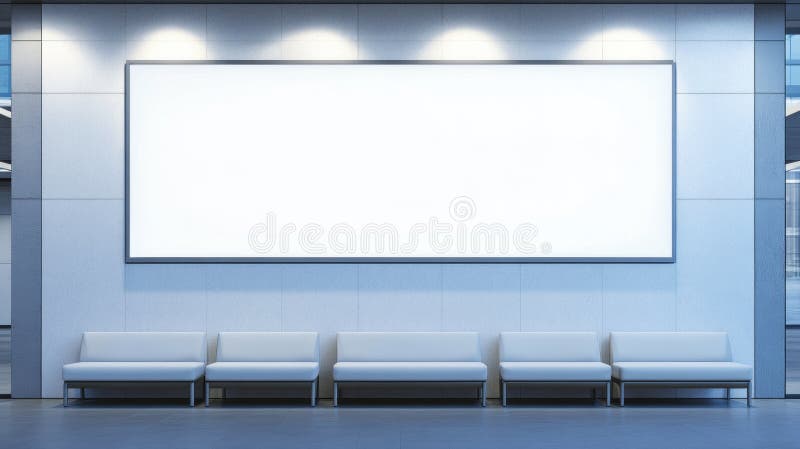 Modern Waiting Area with Empty White Benches and Large Blank Screen ...
