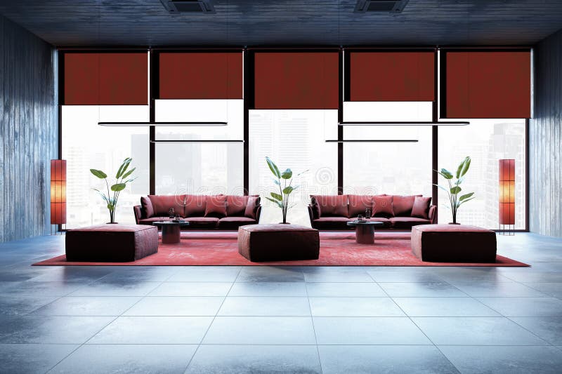 Modern Waiting Area with Red Sofas, Large Windows, and Minimal Decor in ...