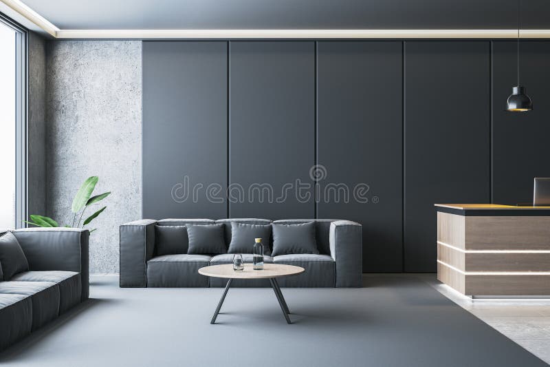Modern Waiting Area with Sofas, Table, and Reception Desk in Office ...
