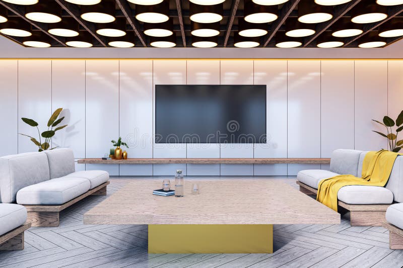 Modern Waiting Area with Sofas, Wooden Table, and TV Screen in a ...