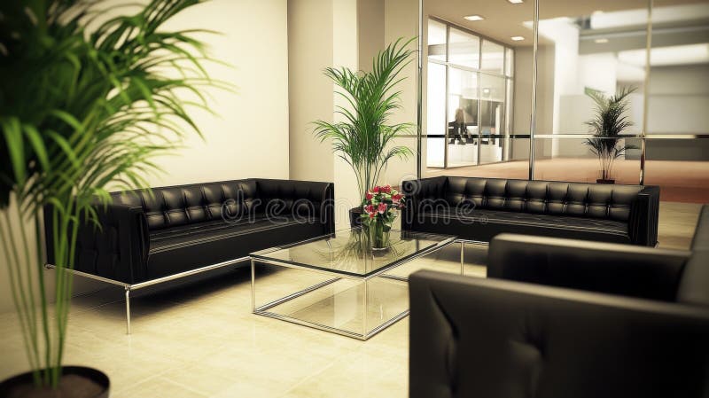 Modern Waiting Area with Stylish Black Couches and Glass Table Stock ...
