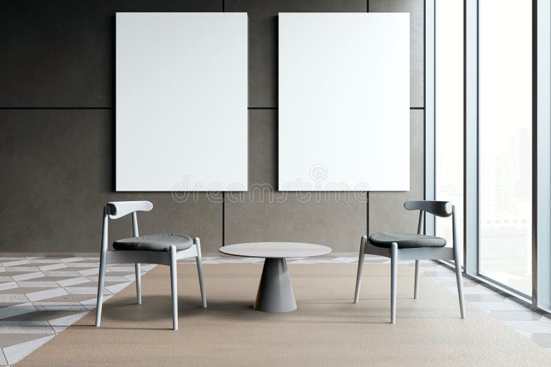 Modern Waiting Area with Blank Posters and Chairs in an Office. 3D ...