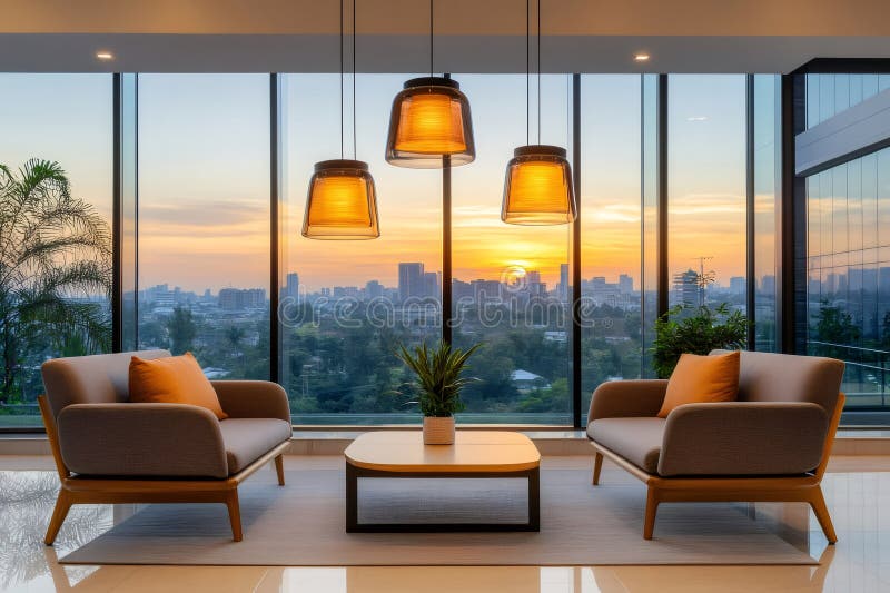 Modern Waiting Room Overlooking City during Sunset Stock Illustration ...