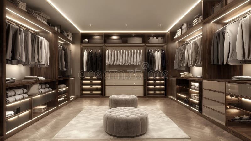 Modern Walk-in Closet Design Dark Wood, LED Lighting, 3D Render ...