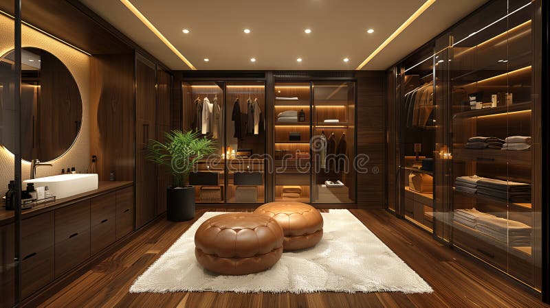 Modern Walk-in Closet with Leather Seating and Warm Lighting Stock ...