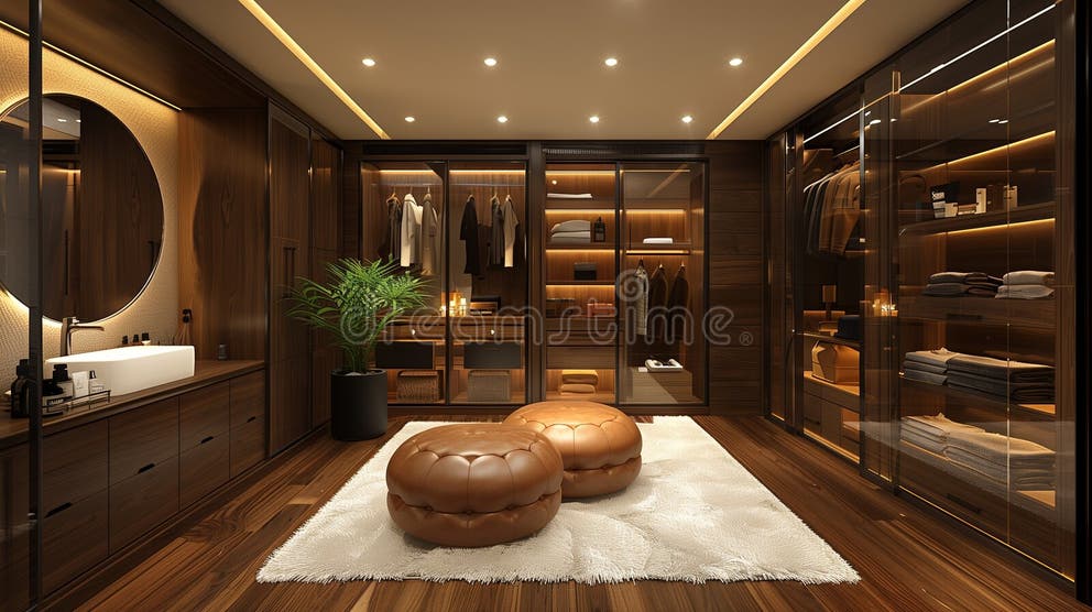 Modern Walk-in Closet with Leather Seating and Warm Lighting Stock ...