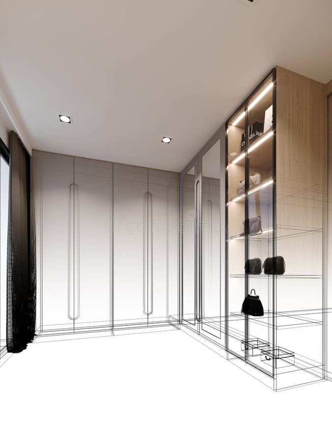 Modern Walk in Closet Wardrobe with Clothes Hanging Interior Design, 3d ...