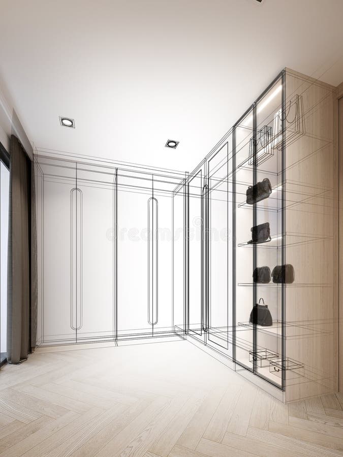 Modern Walk in Closet Wardrobe with Clothes Hanging Interior Design, 3d ...