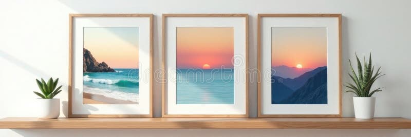 Modern Wall Art Display, Three Frames Over Shelf, Clean Lines, Room ...