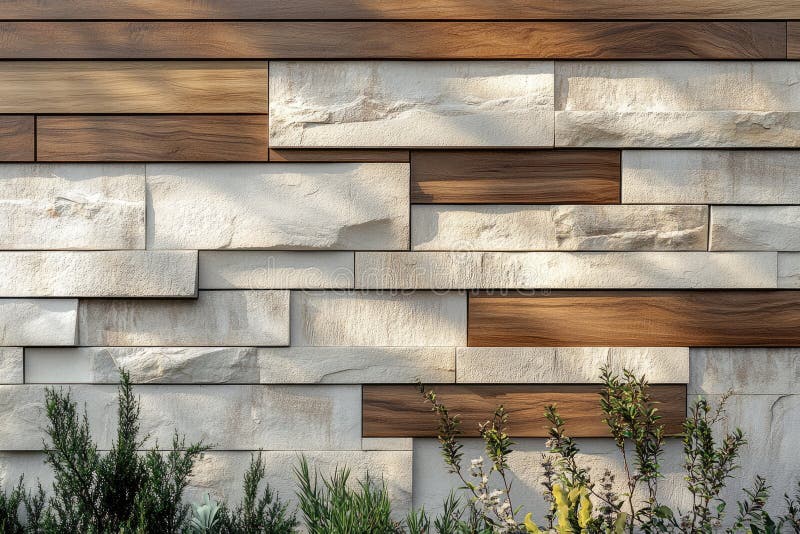 Modern Wall Cladding Combining Stone and Wood with Plants Below Stock ...