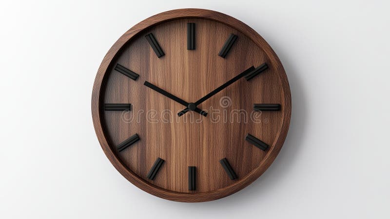 A Modern Wall Clock with a Wooden Frame, Mounted on a Clean White Wall ...