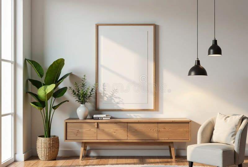 Modern Wall Decor Mockup Framed Print on a Wooden Console Table ...