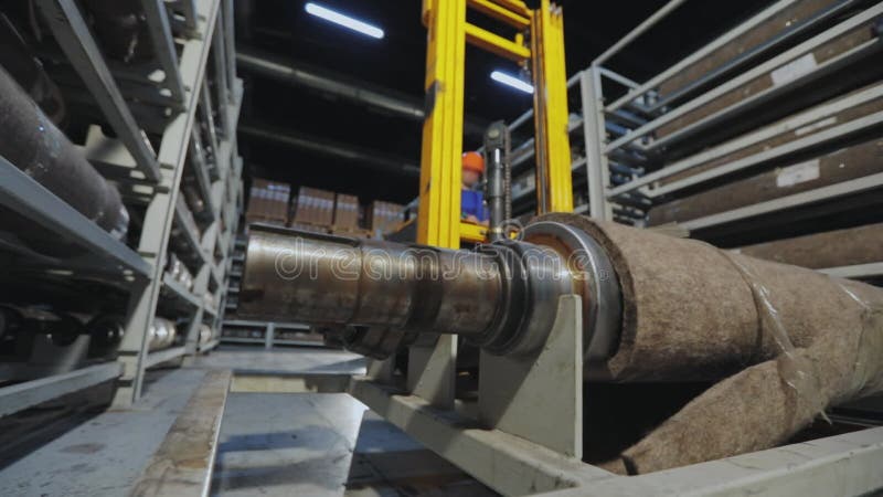 White Man Worker Pushing Stacker with Cylindrical Shaft in Warehouse ...