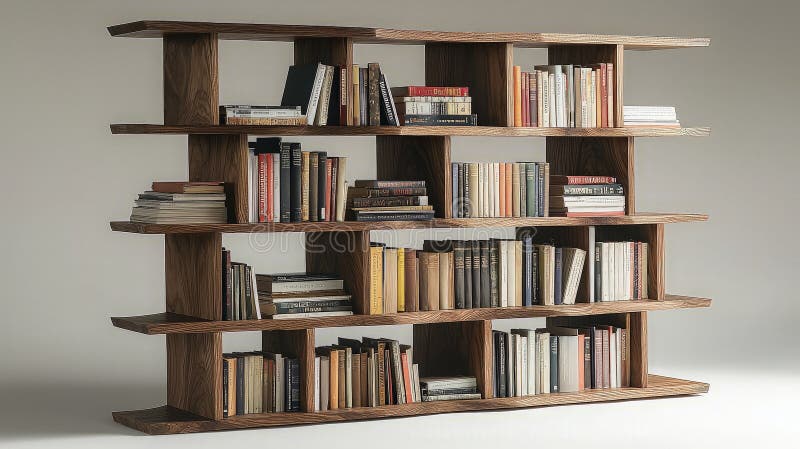 Modern Walnut Bookcase Filled with Books Stock Photo - Image of design ...