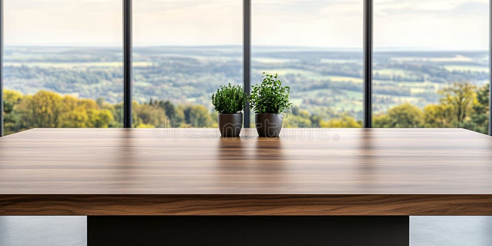 Modern Walnut Tabletop with Greenery Panoramic View Peaceful Office or ...