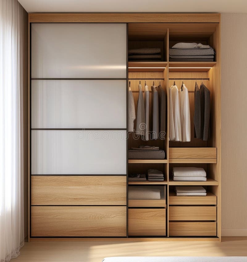 Modern Wardrobe with Sliding Doors and Glass Windows, Made of Wooden ...