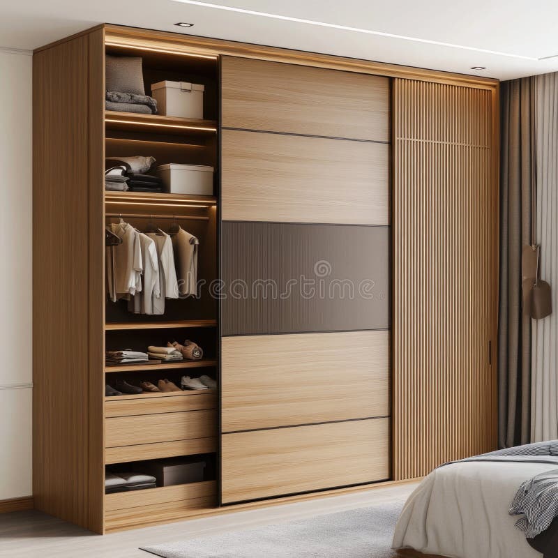 Modern Wardrobe with Sliding Doors and Shelves in a Light Wood Color ...