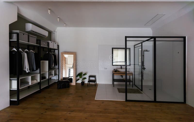 Modern Wardrobe with Stylish Clothes in Room Interior Stock Photo ...