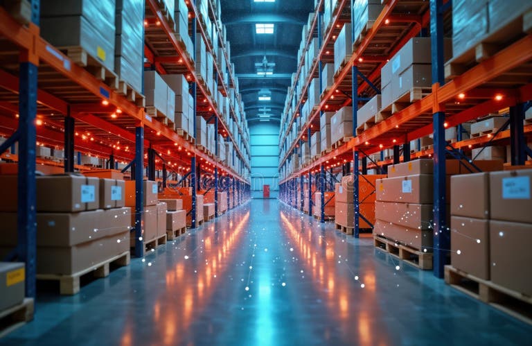 Modern Warehouse Aisle with Shelves Filled with Boxes, Pallets. Digital ...