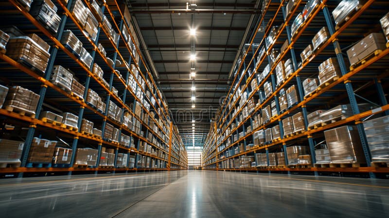 Modern Warehouse Aisle with Stacked Shelves Stock Illustration ...