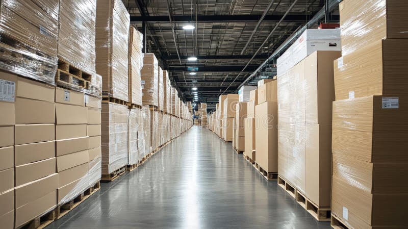 Modern Warehouse Aisle with Stacks of Packed Cardboard Boxes on Pallets ...
