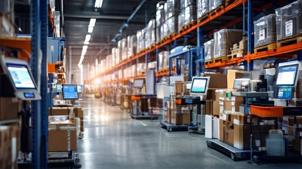 Modern Warehouse with Automated Inventory and Packaging Systems Stock ...