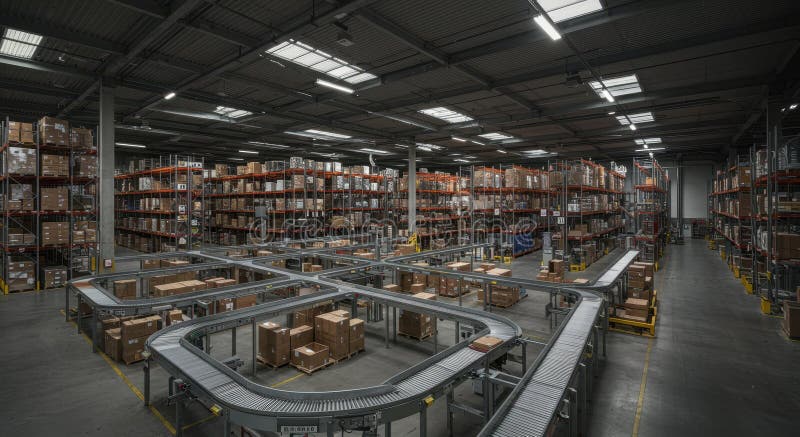 Modern Warehouse Automation with Conveyor Belts and Stacked Shelves ...