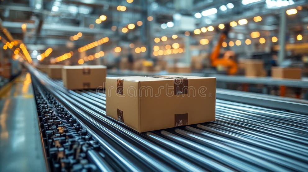 Modern Warehouse with Boxes on a Conveyor Belt Under Industrial ...