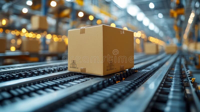 Modern Warehouse with Boxes on a Conveyor Belt Under Industrial ...