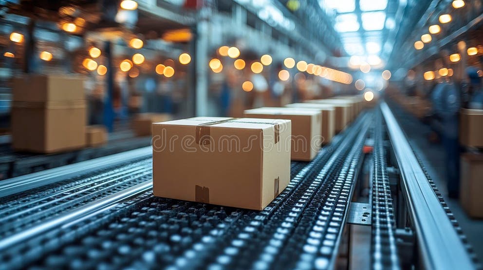 Modern Warehouse with Boxes on a Conveyor Belt Under Industrial ...