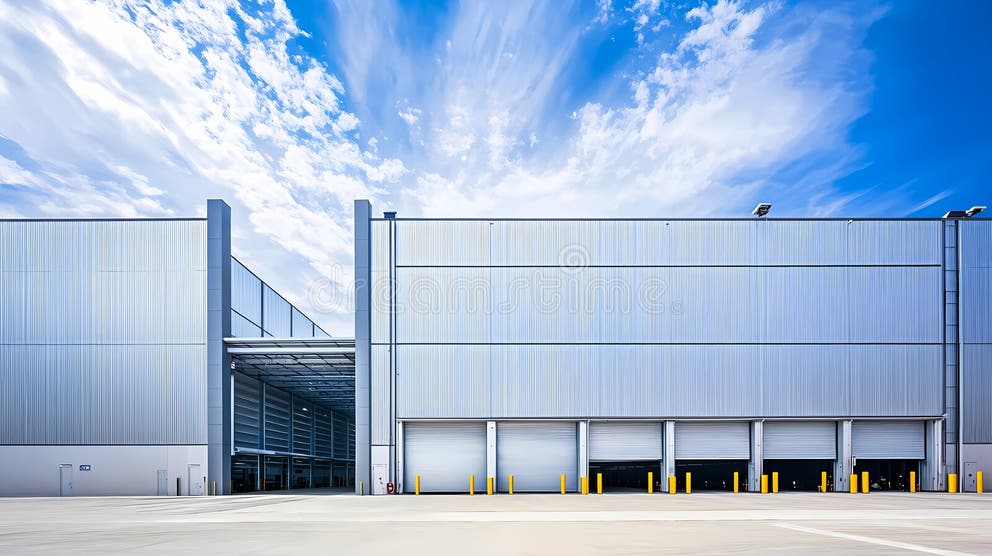 Modern Warehouse Building with Loading Docks and Clear Blue Sky Stock ...