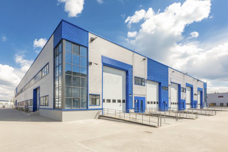 Modern Warehouse Building with Loading Docks Under Blue Sky Stock Image - Image of steel ...