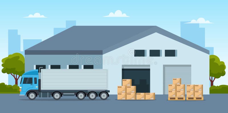 Modern Warehouse Building Scene in Flat Style. Truck and with Boxes ...