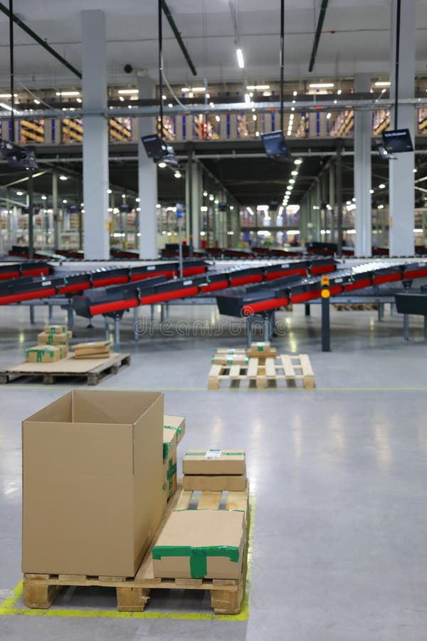 Modern Warehouse with Cardboard Boxes, Conveyors Stock Image - Image of ...