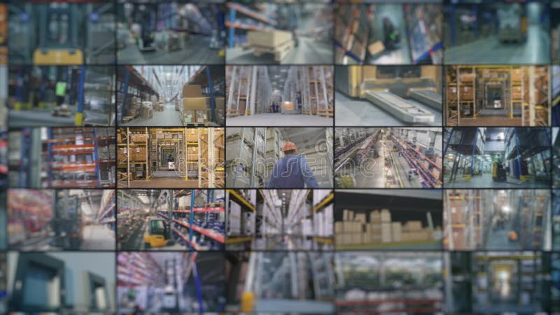 Modern Warehouse Collage. Multiscreen Video Work in a Large Warehouse ...
