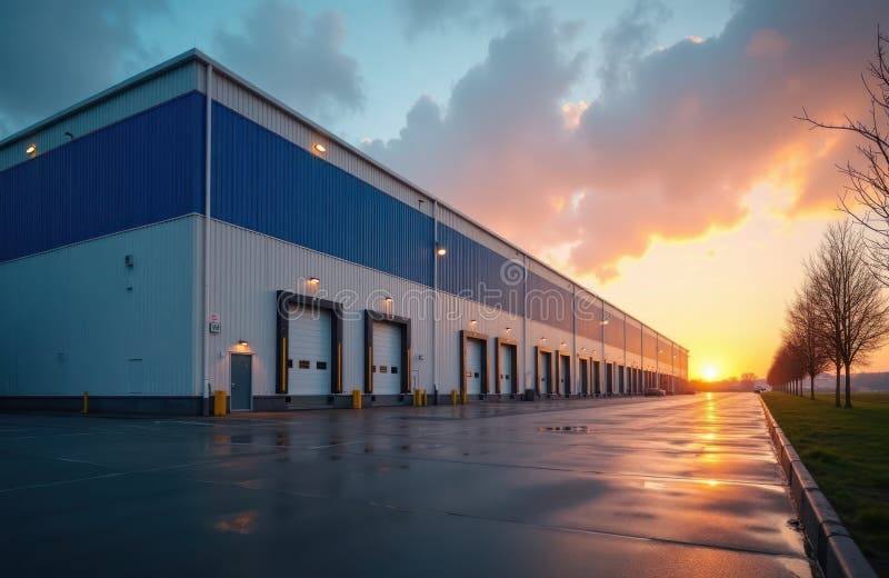 Modern Warehouse Complex with Multiple Loading Docks at Sunset ...