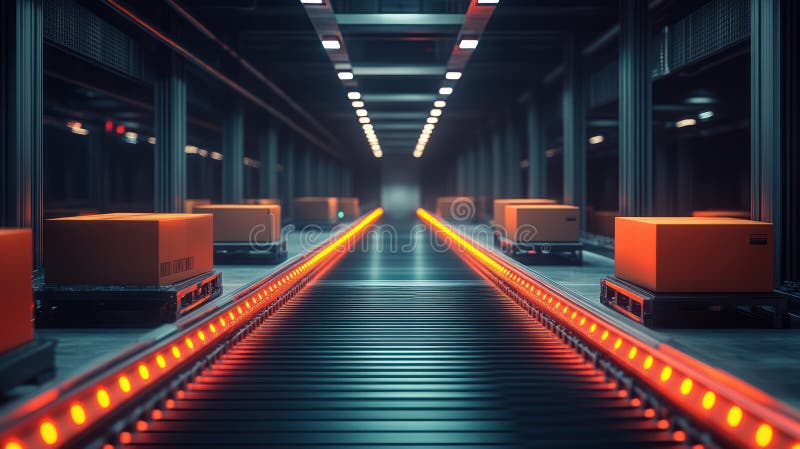 Modern Warehouse Conveyor System with Orange Boxes on Pallets, Glowing ...
