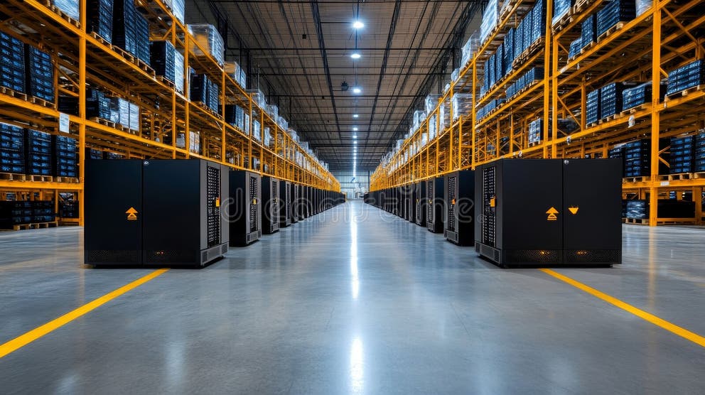Modern Warehouse Data Center Data Storage Technology Efficiency Logistics Future Rows of Servers ...