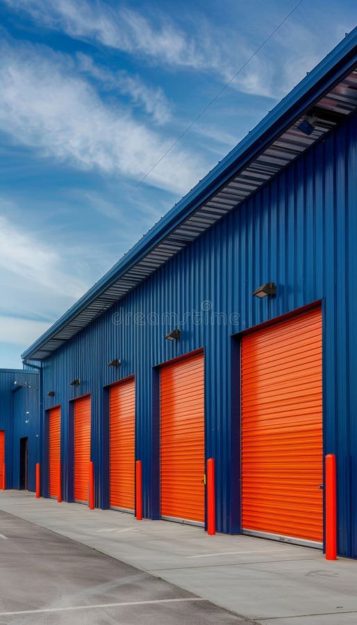 Modern Warehouse Design with Bold Blue Exterior and Orange Accents for ...